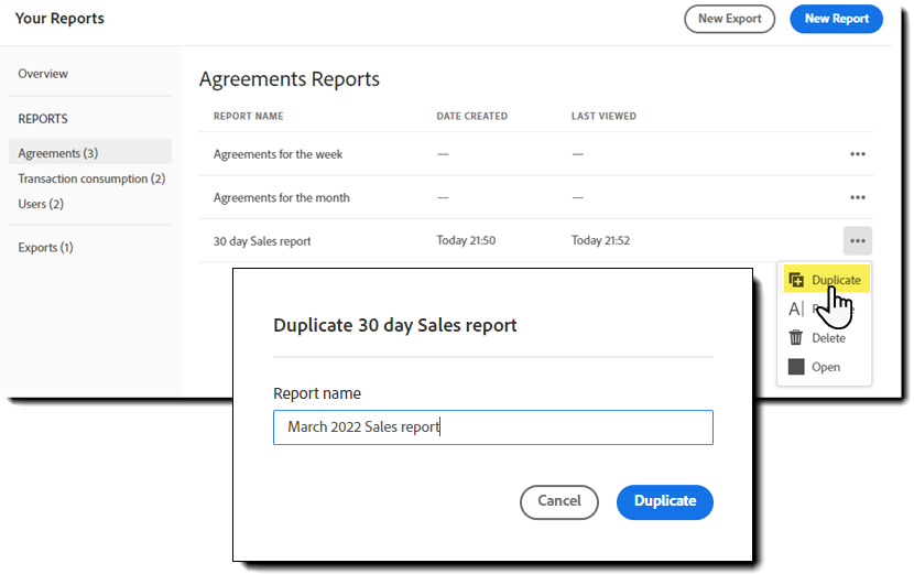 Duplicate an export or chart report